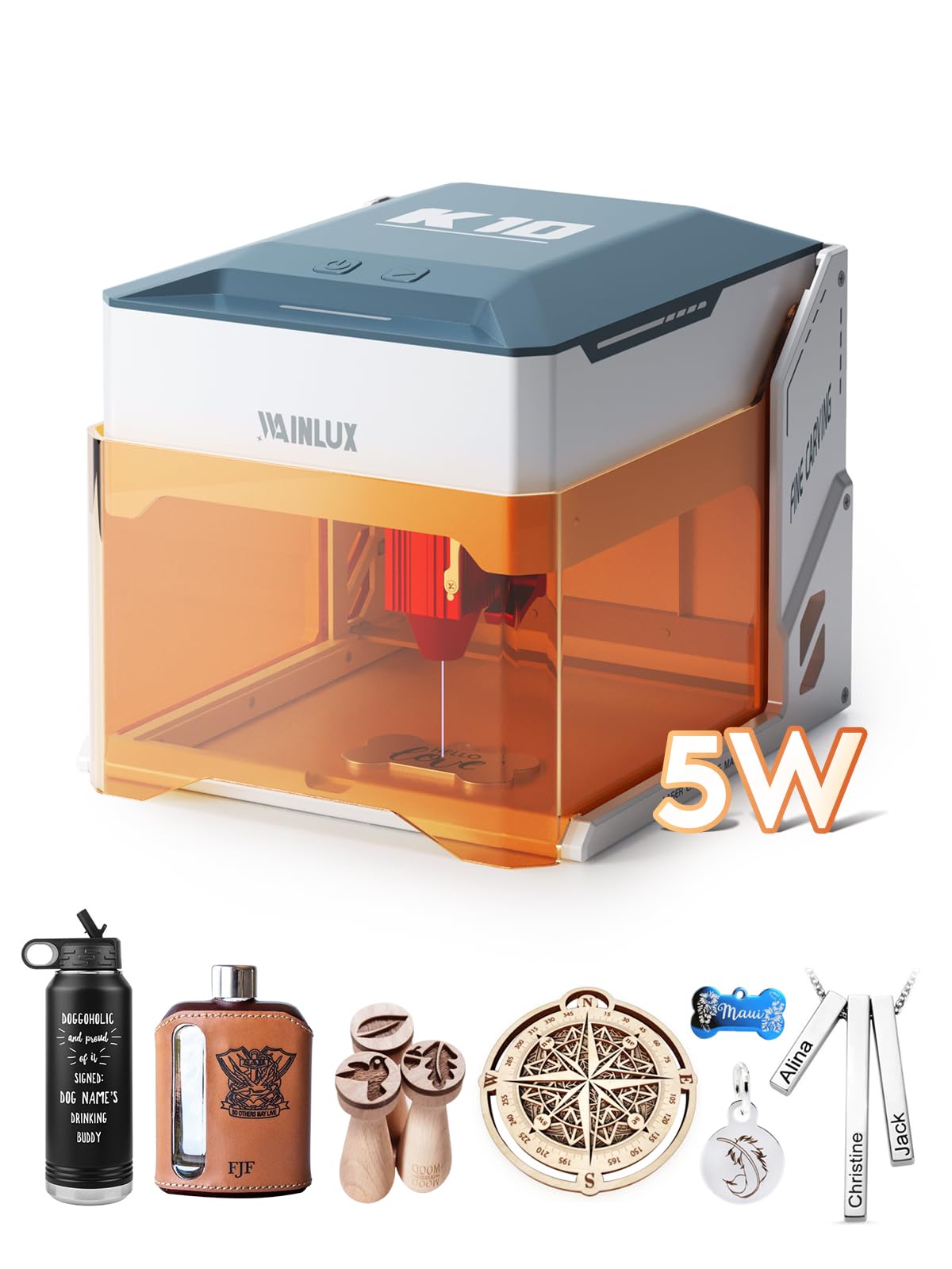 WAINLUX K10 5W Laser Engraver Machine, Portable 5000mW Laser Engraver and Cutter Machine for Wood Leather Metal Silicone Paper Glass Cloth,Class 1 for DIY Supports Win/Mobile System/Offline Class1