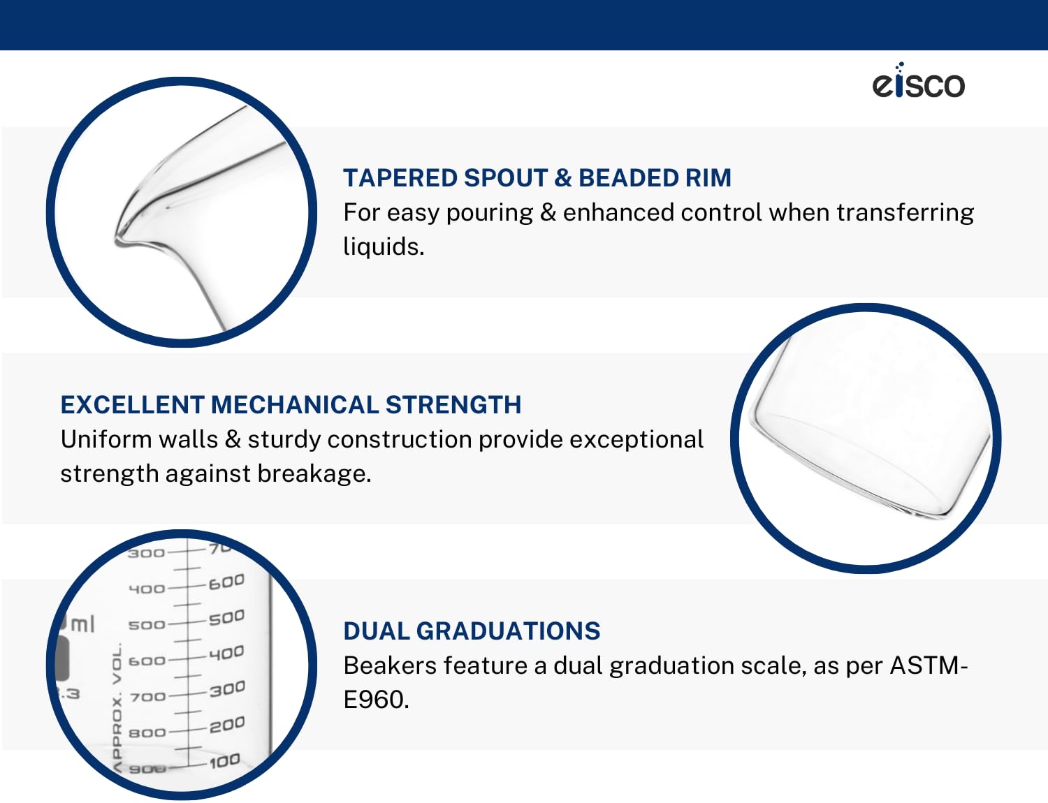 EISCO Beaker, 2000ml - ASTM - Low Form with Spout - Dual Scale, White Graduations - Borosilicate 3.3 Glass