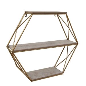 sagebrook home metal wood 3 tier hexagon floating wall shelves, storage and display, gold, 24 l x 6 w x 21 h inches