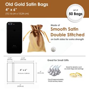 Knitial 4" x 6" Old Gold Satin Gift Bags, Jewelry Bags, Wedding Favor Drawstring Bags Baby Shower Christmas Gift Bags 50 per Pack