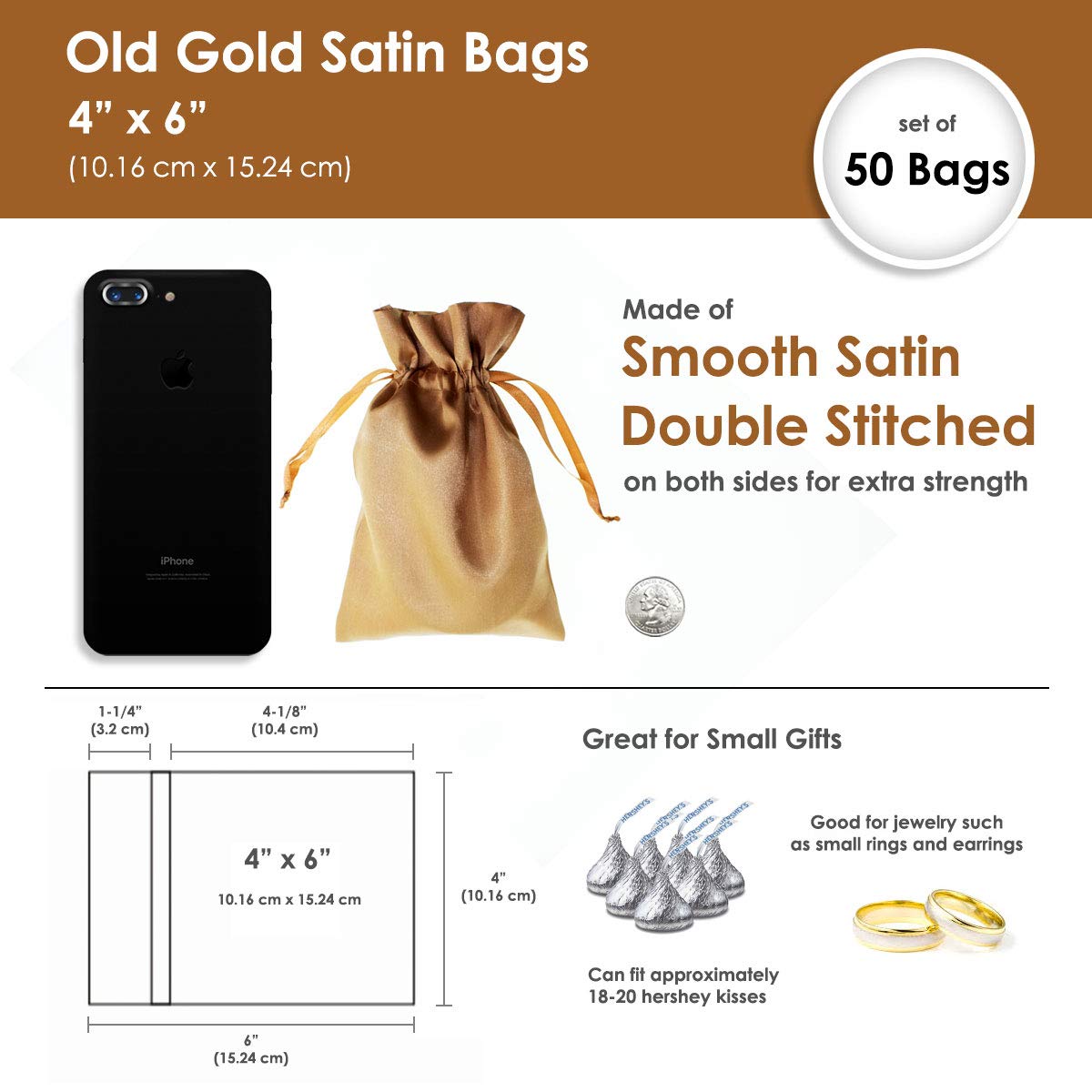 Knitial 4" x 6" Old Gold Satin Gift Bags, Jewelry Bags, Wedding Favor Drawstring Bags Baby Shower Christmas Gift Bags 50 per Pack