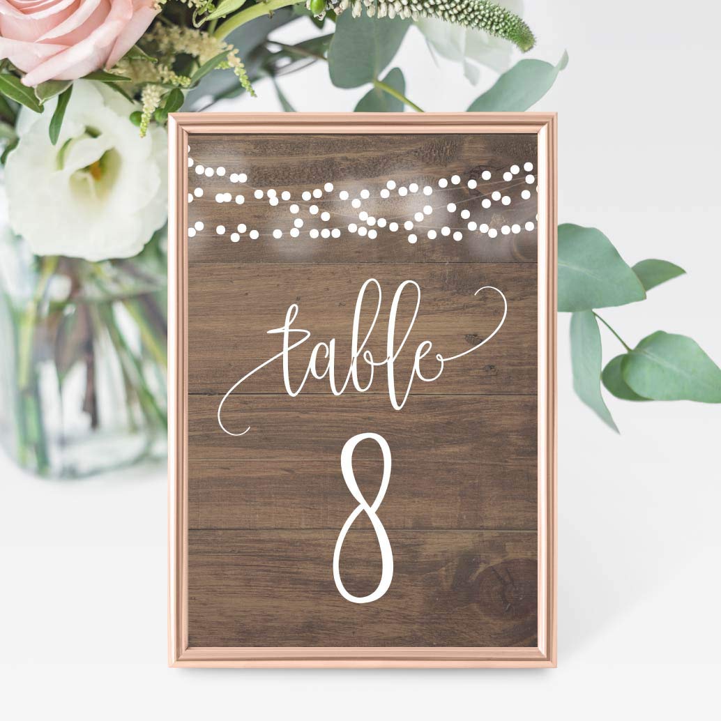 Hadley Designs 1-25 Rustic Wood Lights Table Number Double Sided Signs For Wedding Reception, Restaurant, Birthday Party Calligraphy Printed Numbered Card Centerpiece Reusable Frame Stand 4x6 Size