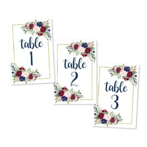 hadley designs 1-25 burgundy floral table number double sided signs for wedding, restaurant birthday party set calligraphy printed numbered card centerpiece decoration reusable frame stand 4x6 size