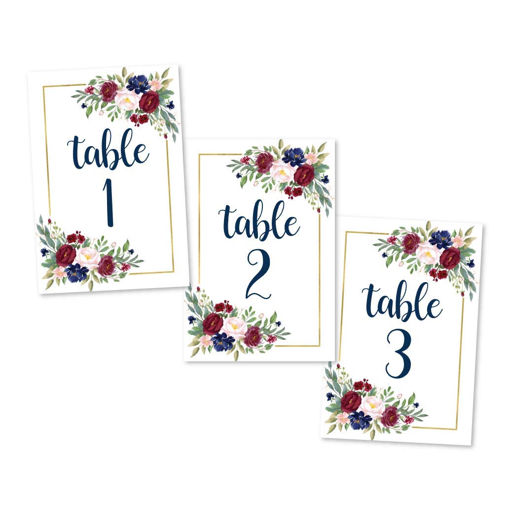 Hadley Designs 1-25 Burgundy Floral Table Number Double Sided Signs For Wedding, Restaurant Birthday Party Set Calligraphy Printed Numbered Card Centerpiece Decoration Reusable Frame Stand 4x6 Size