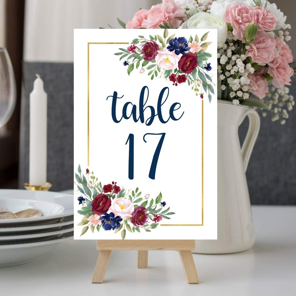 Hadley Designs 1-25 Burgundy Floral Table Number Double Sided Signs For Wedding, Restaurant Birthday Party Set Calligraphy Printed Numbered Card Centerpiece Decoration Reusable Frame Stand 4x6 Size