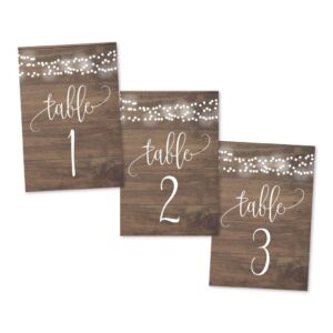 hadley designs 1-25 rustic wood lights table number double sided signs for wedding reception, restaurant, birthday party calligraphy printed numbered card centerpiece reusable frame stand 4x6 size