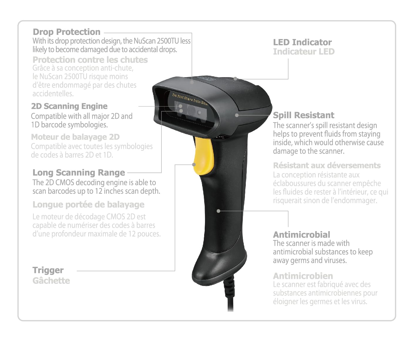 Adesso NuScan 2500CU Spill Resistant CCD Barcode Scanner - Reliable Data Collection, Superior Scanning Performance, Long Scanning Range, Windows & Mac Compatible, Drop Protection