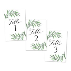 1-25 greenery eucalyptus table number double sided signs for wedding reception, restaurant birthday party calligraphy printed numbered card centerpiece decoration setting reusable frame stand 4x6 size