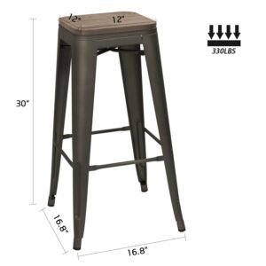 Devoko Metal Bar Stool 30'' Indoor Outdoor Stackable Barstools Modern Industrial Square Wood Top Bar Stools Set of 4 (30 inch, Gun)