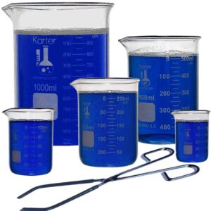 Glass Low Form Beaker Set with Zinc Plated Beaker Tongs, 5 Sizes - 50, 100, 250, 500, and 1L, 3.3 Borosilicate Glass, Karter Scientific 213A8