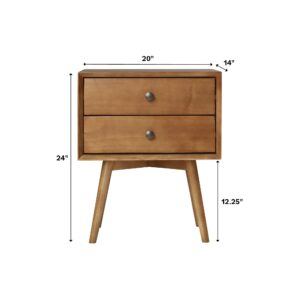 Walker Edison Mid Century Modern Wood Nightstand Side Table Bedroom Storage Drawer Bedside End Table, 2 Drawer, Caramel