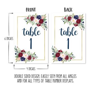 Hadley Designs 1-25 Burgundy Floral Table Number Double Sided Signs For Wedding, Restaurant Birthday Party Set Calligraphy Printed Numbered Card Centerpiece Decoration Reusable Frame Stand 4x6 Size