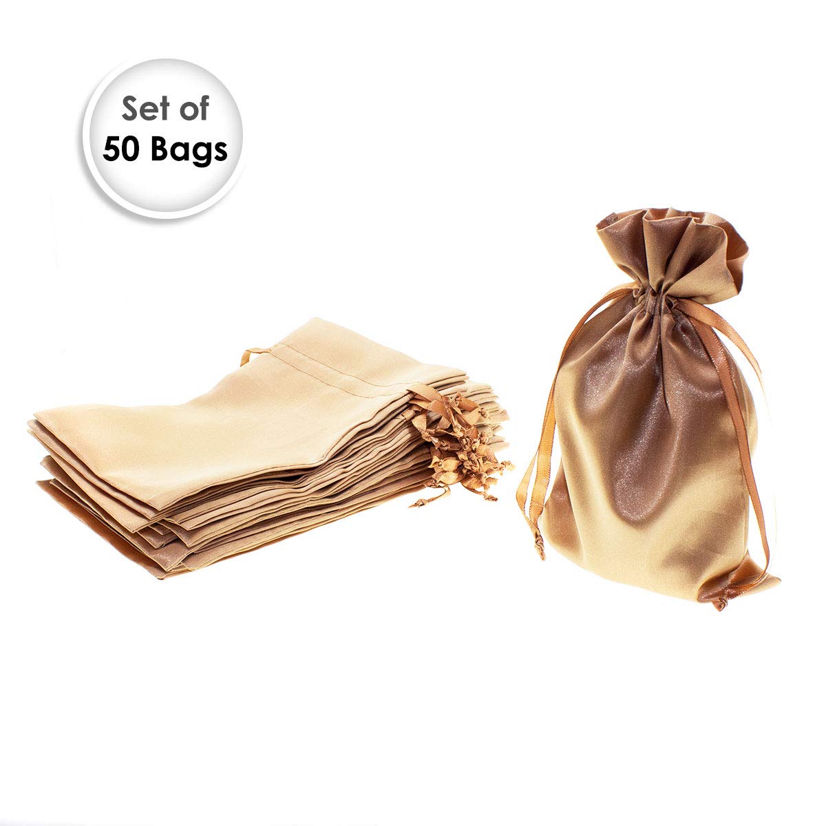 Knitial 4" x 6" Old Gold Satin Gift Bags, Jewelry Bags, Wedding Favor Drawstring Bags Baby Shower Christmas Gift Bags 50 per Pack