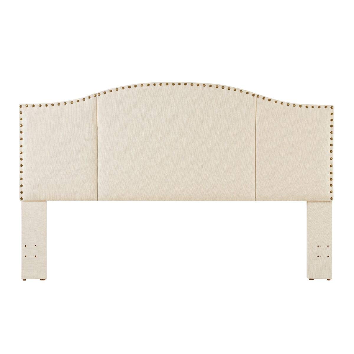 24KF Middle Century Linen Upholstered Tufted King Size Headboard with Antique Brass Nail Heads Trim King/California King headboard-Ivory