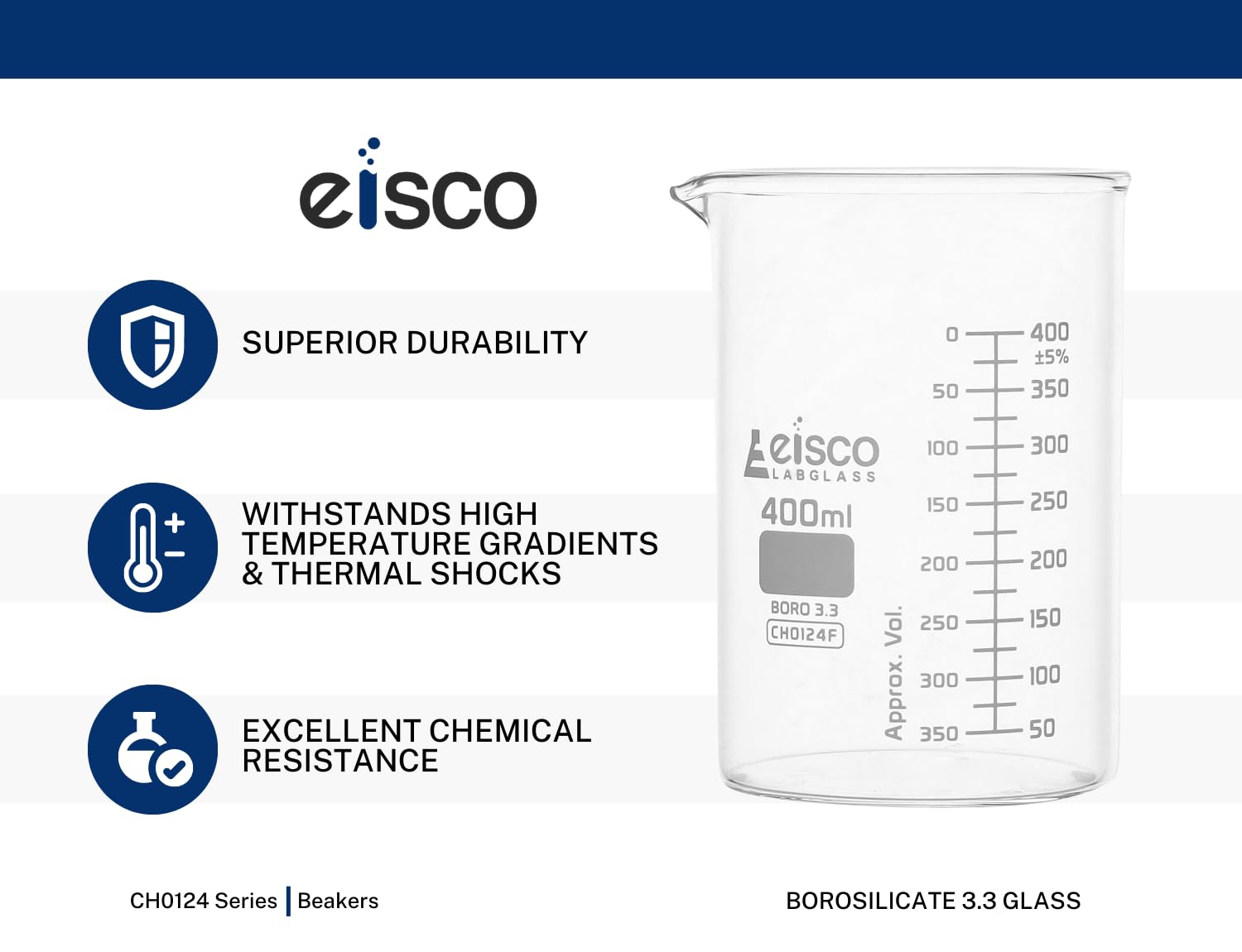 EISCO Beaker, 2000ml - ASTM - Low Form with Spout - Dual Scale, White Graduations - Borosilicate 3.3 Glass