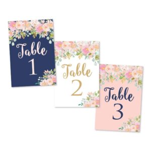 1-25 navy blush floral table number double sided signs for wedding reception, restaurant, birthday event, calligraphy printed numbered card centerpiece decoration setting reusable frame stand 4x6 size