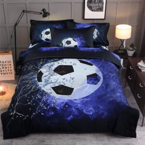 blue flame soccer duvet cover set for children boys 3d printed football quilt cover set with 2 pillowcases fire and ice bedding set with zipper closure queen size 90" x 90"(not comforter)