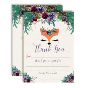 woodland forest fox face floral thank you notes, ten 4" x 5.5" fill in the blank cards with 10 white envelopes by amandacreation