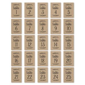 1-25 Rustic Kraft Table Number Double Sided Signs For Wedding Reception, Restaurant, Birthday Party Event Calligraphy Printed Numbered Card Centerpiece Decoration Setting Reusable Frame Stand 4x6 Size