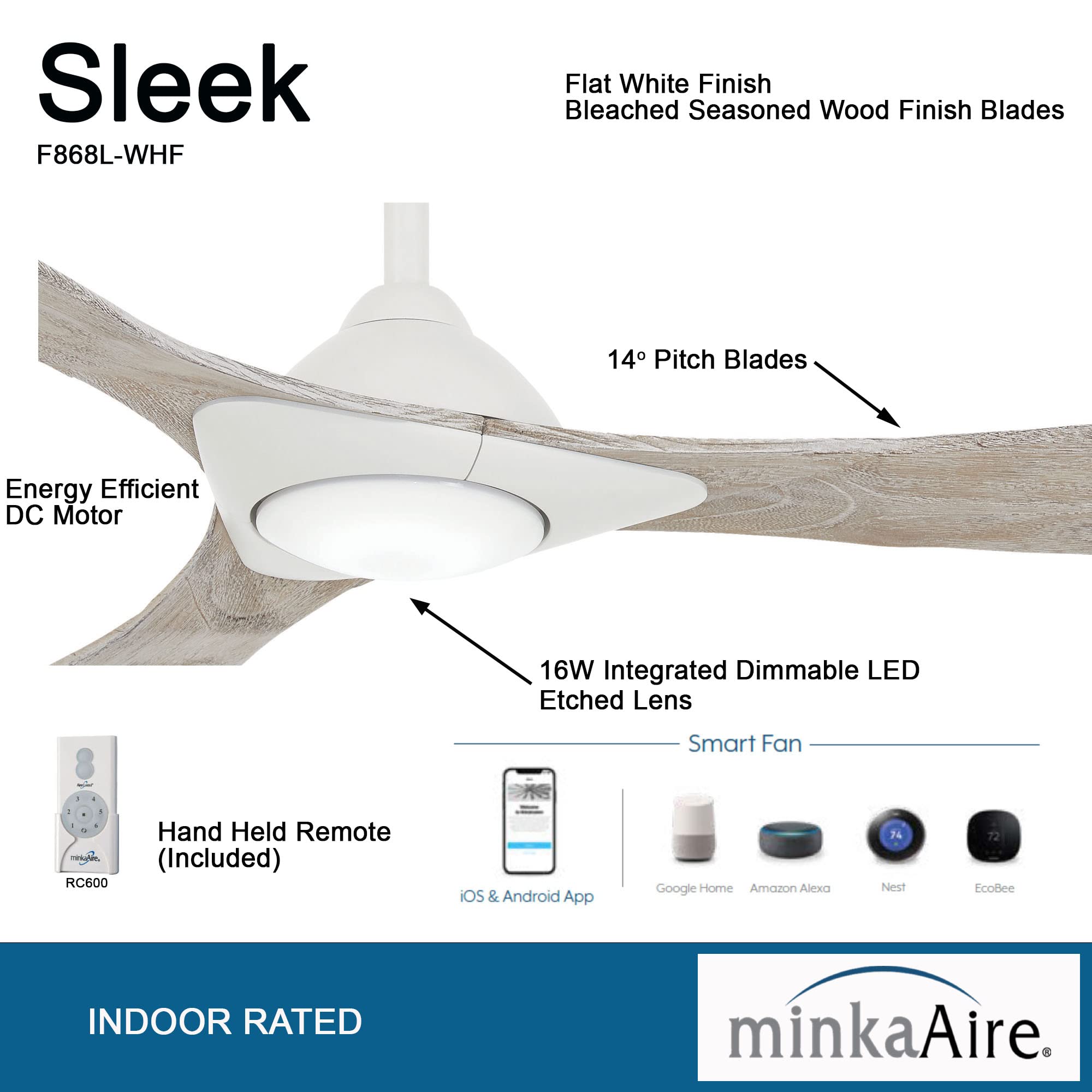 Minka Aire F868L-WHF Sleek 60" Ceiling Fan with LED Light and Remote Control, Flat White