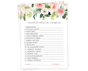 graceful floral bridal shower word scramble game – 25 pack, couples wedding engagement party games, rustic reception decor and pink ideas, fun rehearsal unscramble guest activities