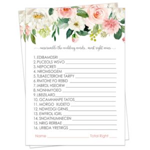 Graceful Floral Bridal Shower Word Scramble Game – 25 Pack, Couples Wedding Engagement Party Games, Rustic Reception Decor and Pink Ideas, Fun Rehearsal Unscramble Guest Activities