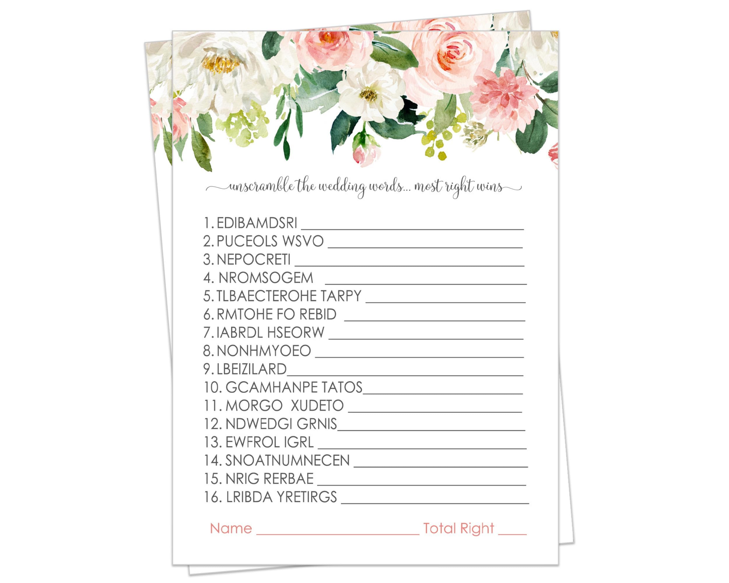 Graceful Floral Bridal Shower Word Scramble Game – 25 Pack, Couples Wedding Engagement Party Games, Rustic Reception Decor and Pink Ideas, Fun Rehearsal Unscramble Guest Activities