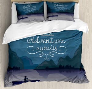 ambesonne saying duvet cover set, kayak in a mountain lake at night camping activity lifestyle adventure words, decorative 3 piece bedding set with 2 pillow shams, king size, purple grey