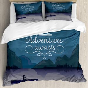 Ambesonne Saying Duvet Cover Set, Kayak in a Mountain Lake at Night Camping Activity Lifestyle Adventure Words, Decorative 3 Piece Bedding Set with 2 Pillow Shams, King Size, Purple Grey