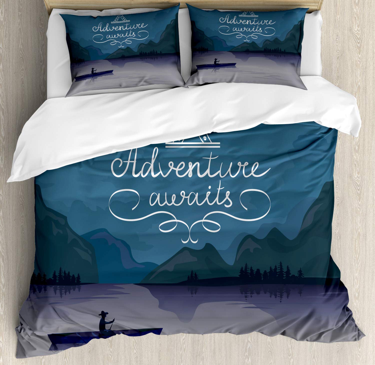 Ambesonne Saying Duvet Cover Set, Kayak in a Mountain Lake at Night Camping Activity Lifestyle Adventure Words, Decorative 3 Piece Bedding Set with 2 Pillow Shams, King Size, Purple Grey