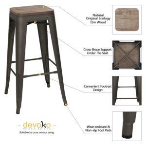 Devoko Metal Bar Stool 30'' Indoor Outdoor Stackable Barstools Modern Industrial Square Wood Top Bar Stools Set of 4 (30 inch, Gun)