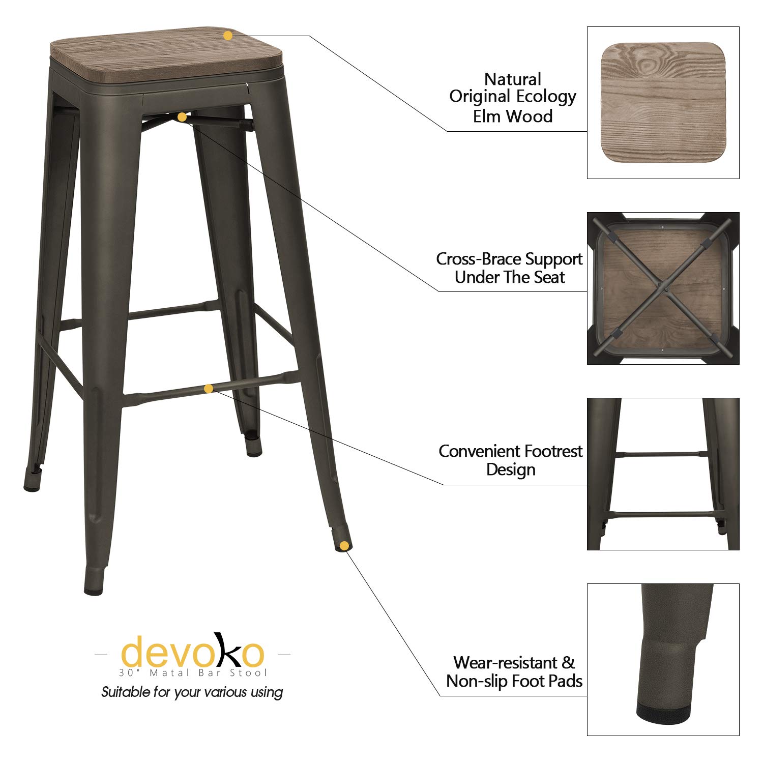 Devoko Metal Bar Stool 30'' Indoor Outdoor Stackable Barstools Modern Industrial Square Wood Top Bar Stools Set of 4 (30 inch, Gun)