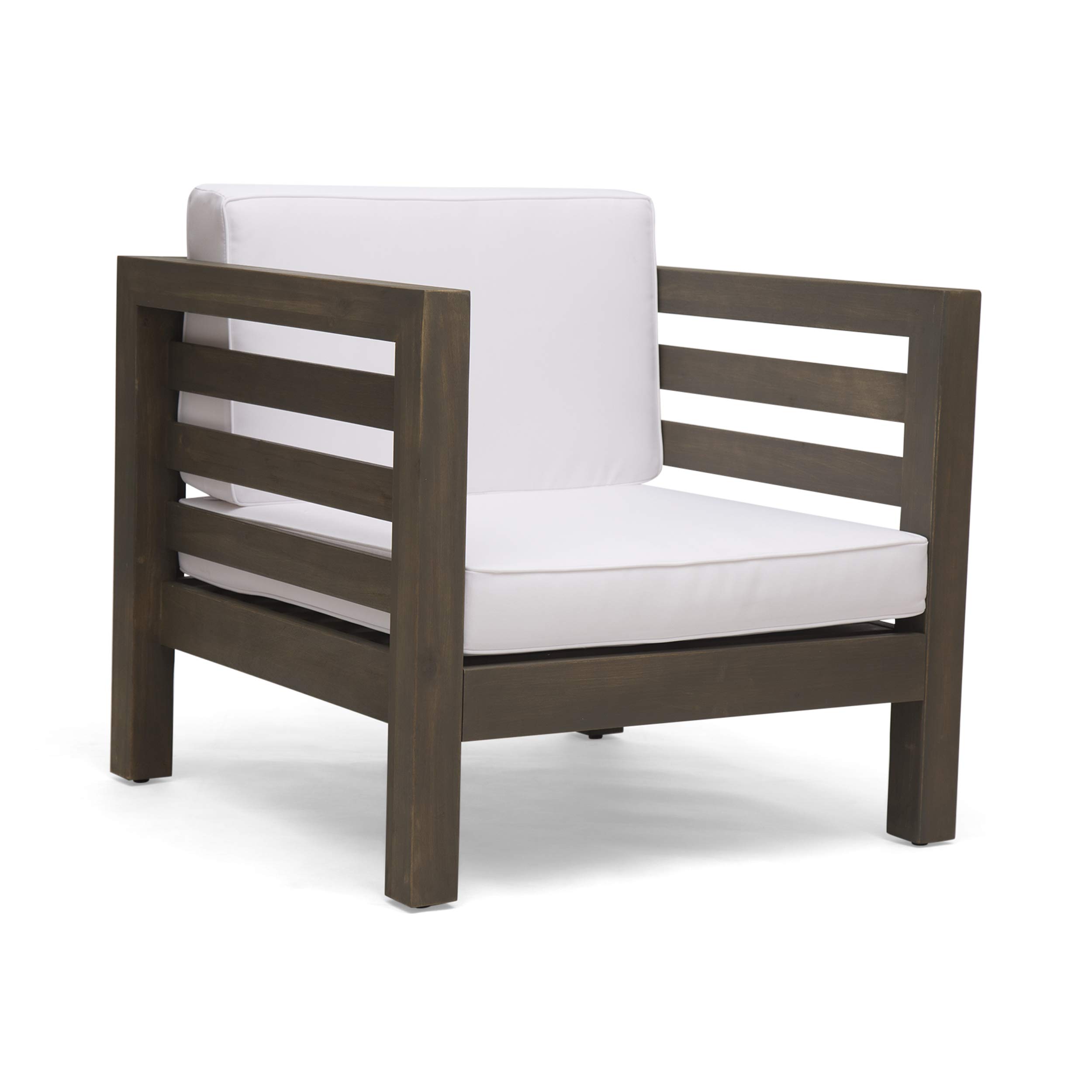 GDFStudio Outdoor Acacia Wood Club Chair with Cushion, Gray Finish and White