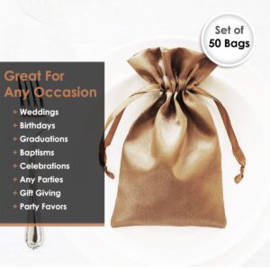 Knitial 4" x 6" Old Gold Satin Gift Bags, Jewelry Bags, Wedding Favor Drawstring Bags Baby Shower Christmas Gift Bags 50 per Pack