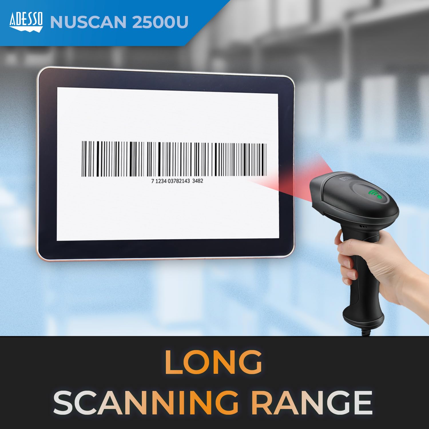 Adesso NuScan 2500CU Spill Resistant CCD Barcode Scanner - Reliable Data Collection, Superior Scanning Performance, Long Scanning Range, Windows & Mac Compatible, Drop Protection