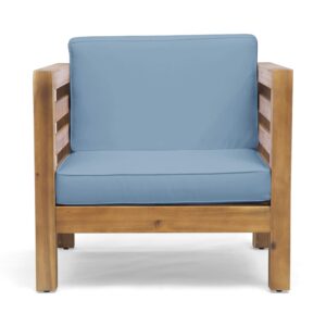 gdfstudio outdoor acacia wood club chair with cushion, teak finish and blue