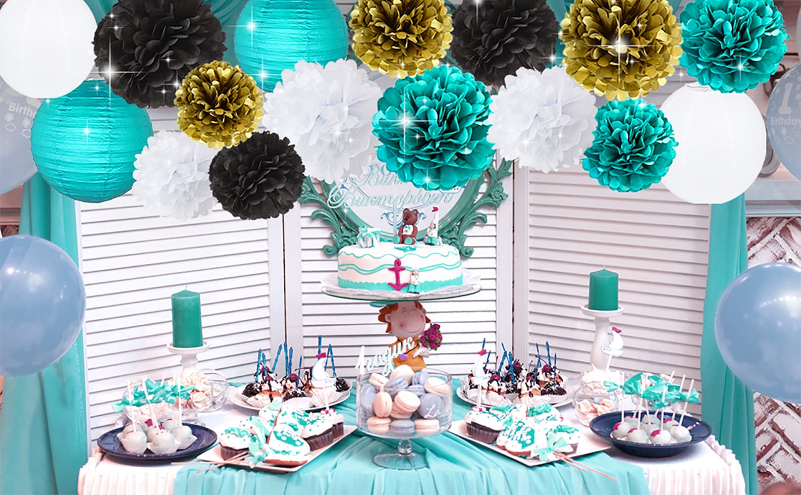 Turquoise Graduation Party Decorations 2024 White Teal Black Gold Party Decorations Paper Lanterns for Teal Theme Party Wedding, Teal Black Bridal Shower Decor Teal Baby Shower Teal Wedding Decoration