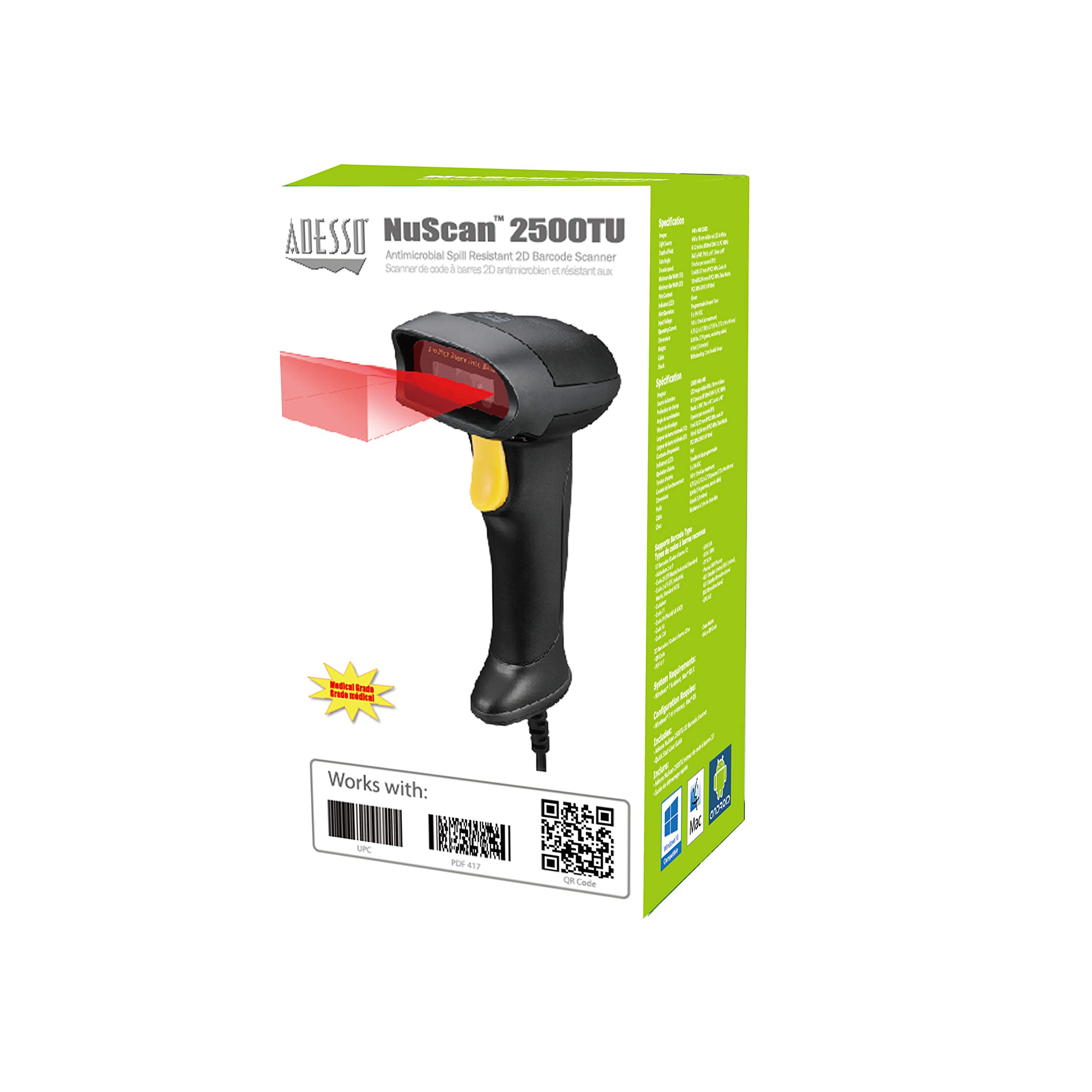 Adesso NuScan 2500CU Spill Resistant CCD Barcode Scanner - Reliable Data Collection, Superior Scanning Performance, Long Scanning Range, Windows & Mac Compatible, Drop Protection