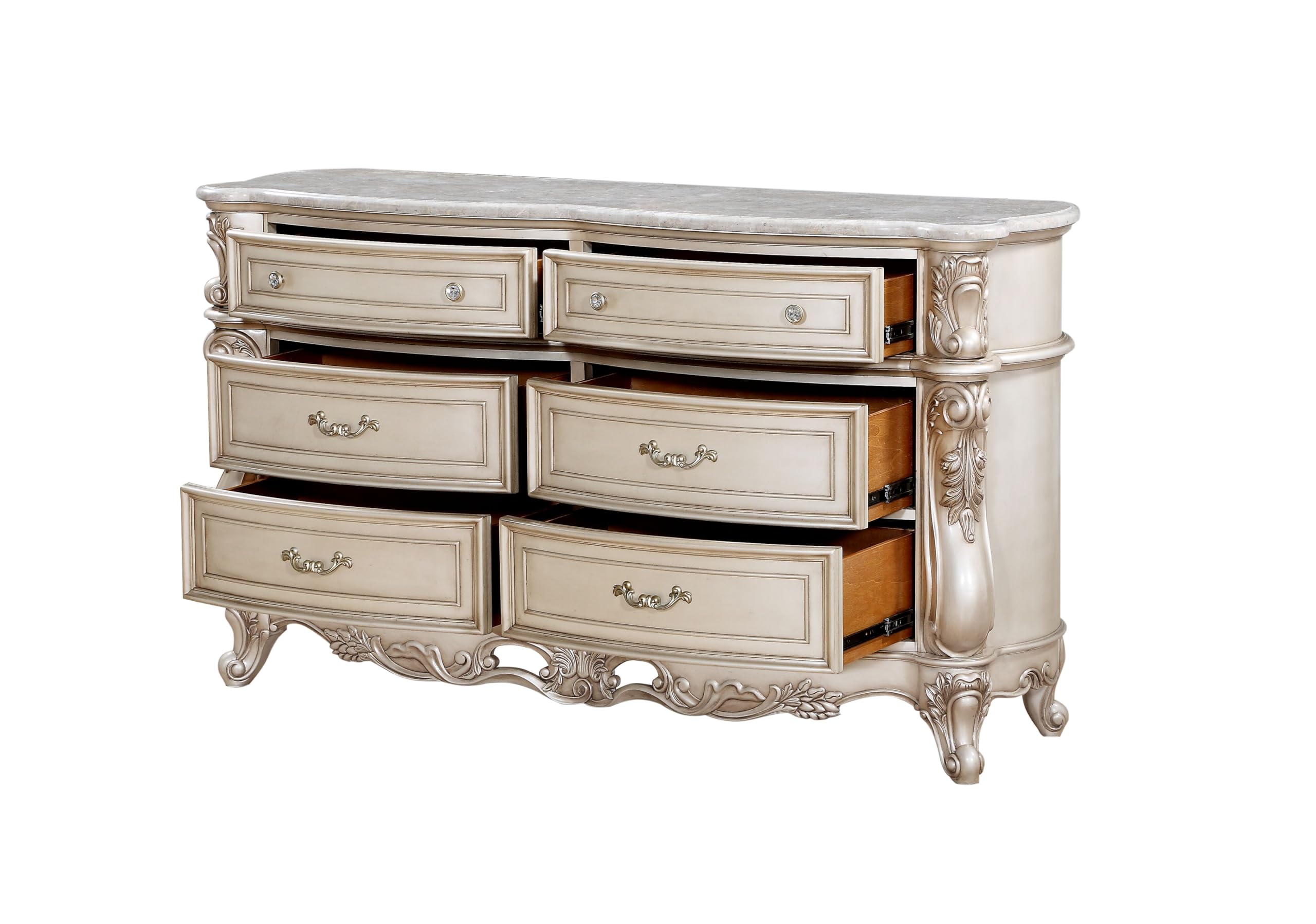 Acme Gorsedd 6-Drawer Wooden Dresser with Marble Top in Golden Ivory