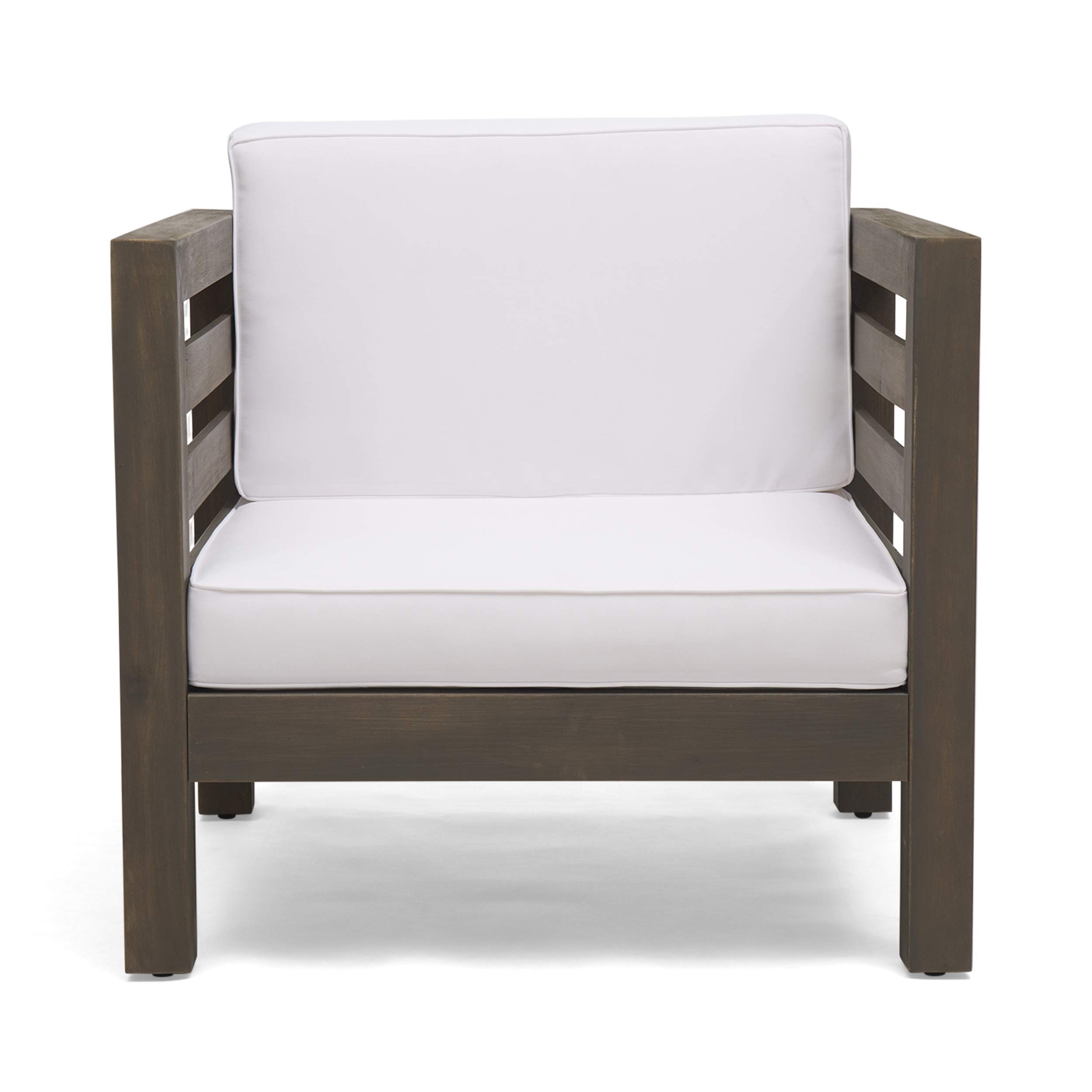 GDFStudio Outdoor Acacia Wood Club Chair with Cushion, Gray Finish and White