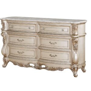 Acme Gorsedd 6-Drawer Wooden Dresser with Marble Top in Golden Ivory