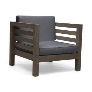 GDFStudioe Outdoor Acacia Wood Club Chairs with Cushions (Set of 2), Gray Finish and Dark Gray