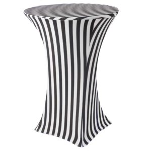 your chair covers - 30" d x 42" h highboy cocktail round stretch spandex table cover - black and white striped, fitted elastic tablecloth for round tables, outdoor party dj tradeshow vendor wedding