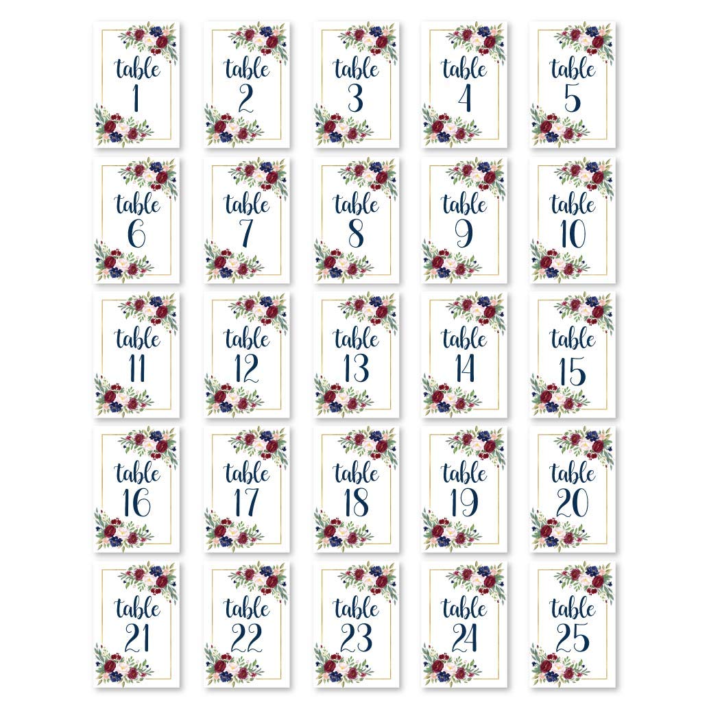 Hadley Designs 1-25 Burgundy Floral Table Number Double Sided Signs For Wedding, Restaurant Birthday Party Set Calligraphy Printed Numbered Card Centerpiece Decoration Reusable Frame Stand 4x6 Size