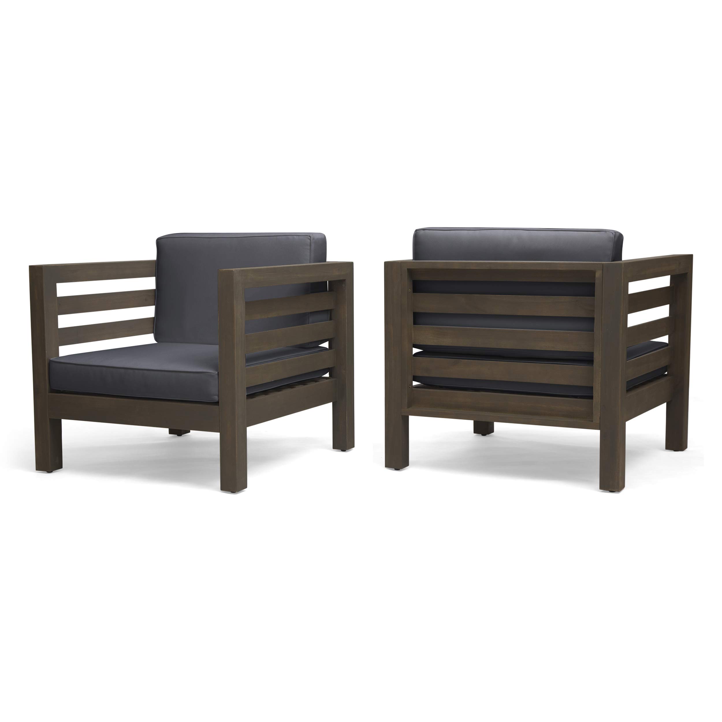 GDFStudioe Outdoor Acacia Wood Club Chairs with Cushions (Set of 2), Gray Finish and Dark Gray