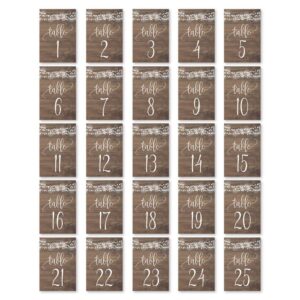 Hadley Designs 1-25 Rustic Wood Lights Table Number Double Sided Signs For Wedding Reception, Restaurant, Birthday Party Calligraphy Printed Numbered Card Centerpiece Reusable Frame Stand 4x6 Size