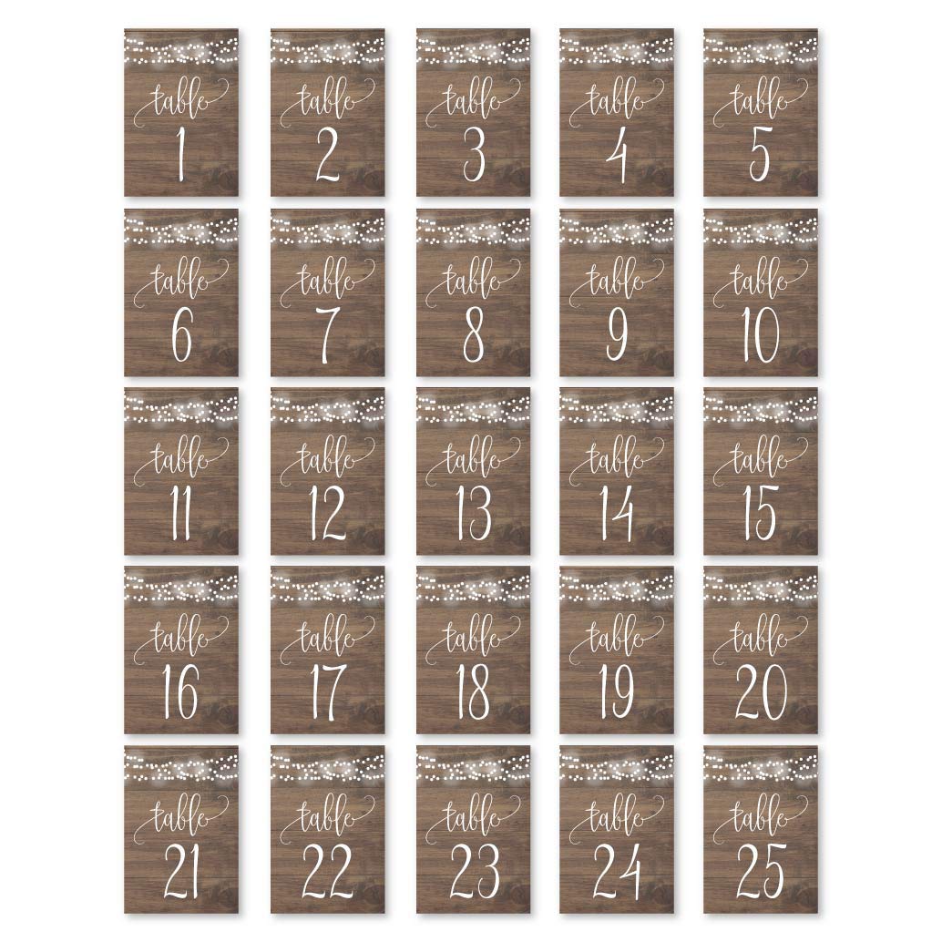 Hadley Designs 1-25 Rustic Wood Lights Table Number Double Sided Signs For Wedding Reception, Restaurant, Birthday Party Calligraphy Printed Numbered Card Centerpiece Reusable Frame Stand 4x6 Size