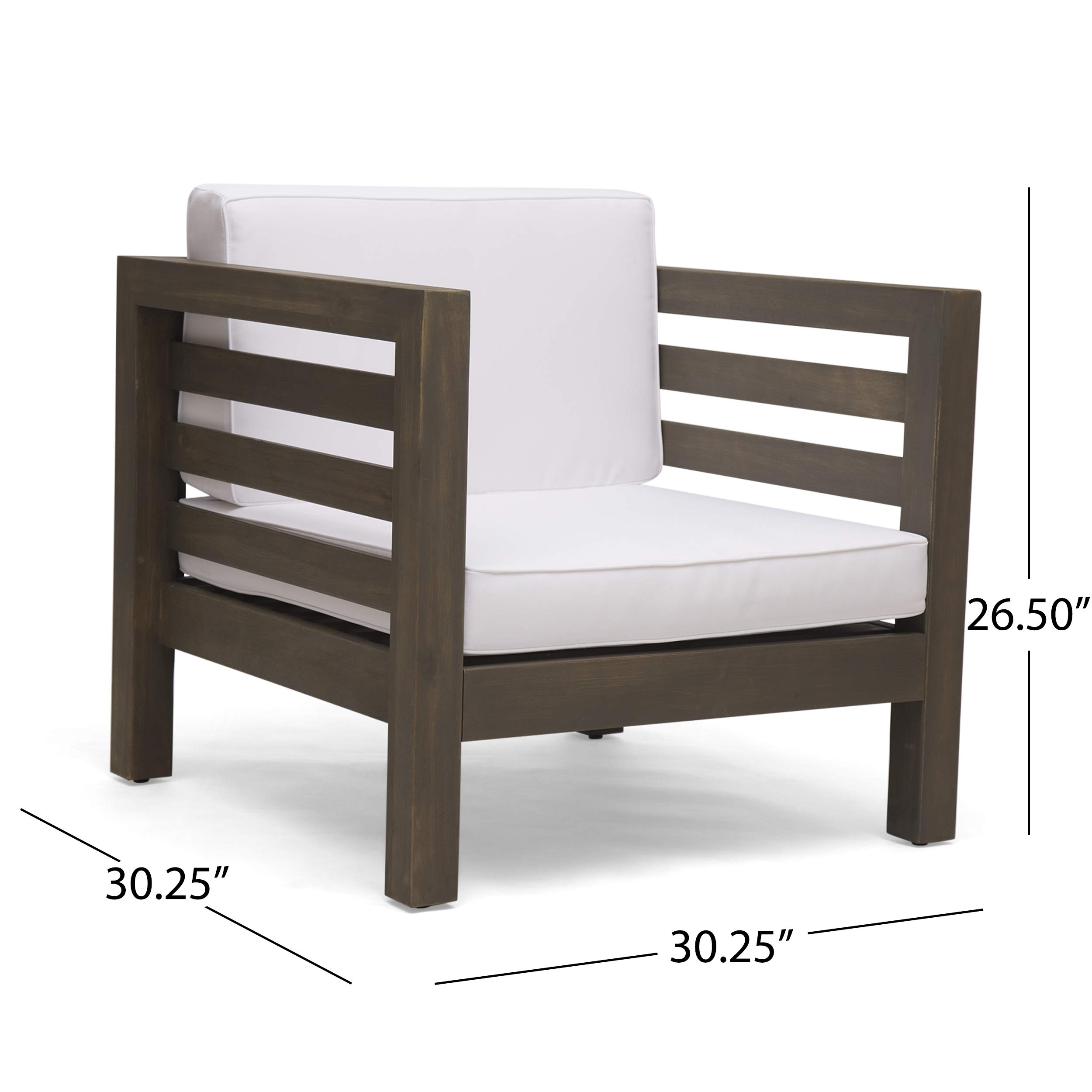 GDFStudio Outdoor Acacia Wood Club Chair with Cushion, Gray Finish and White