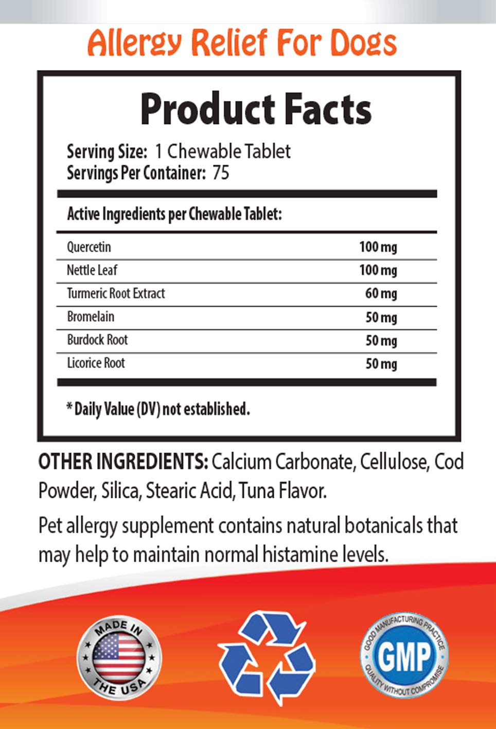 MY LUCKY PETS LLC Dog Allergy chewables - Allergy Relief for Dogs Itch Relief Support - Key Ingredients - Dog Treats with quercetin - 1 Bottle (75 Chewable Tablets)