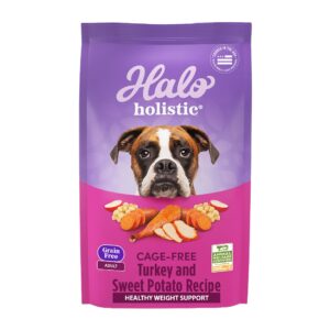 halo holistic dog food, complete digestive health grain free cage-free turkey and sweet potato recipe, healthy weight support, dry dog food bag, adult formula, 21-lb bag